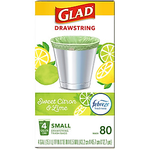 Glad Small Kitchen Drawstring Trash Bags – 4 Gallon Green Trash Bag Febreze , Sweet Citron & Lime, 80 Count (Package May Vary)