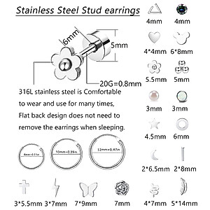 Staligue 21 Pairs Stainless Steel Earrings Set for Women Men Hypoallergenic 20G Flat Back Studs Earrings and Hoop Earrings Set Star Moon flower Snake Leaf Cartilage Piercing Earrings Jewelry Gifts