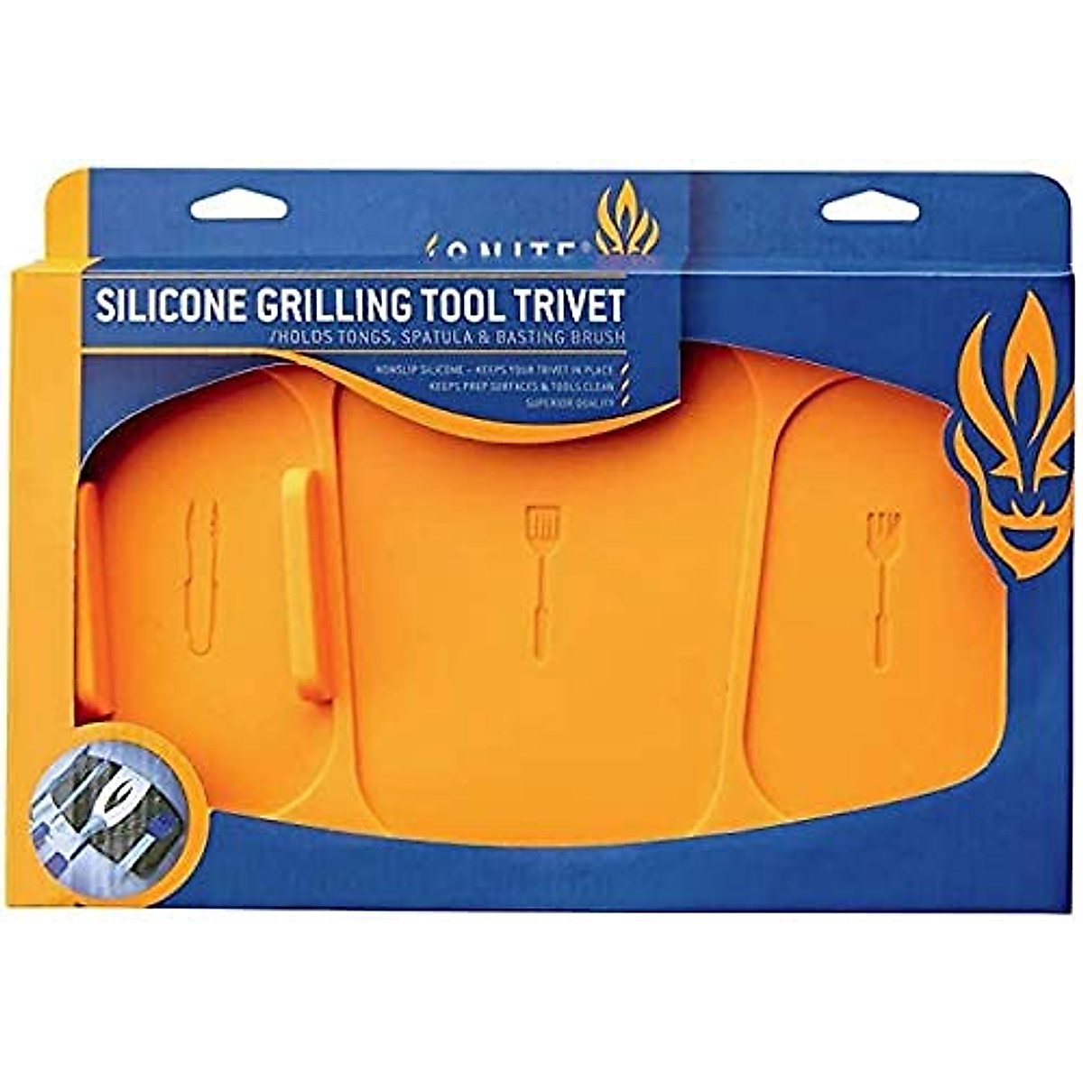 Ignite Silicone Grilling Trivet is a 100% Nonslip Silicone Tool That Holds Tongs, Spatula & BASTING Brush preventing Them from Contamination on The grill's Surface and Also Keeps Your Grill Clean.