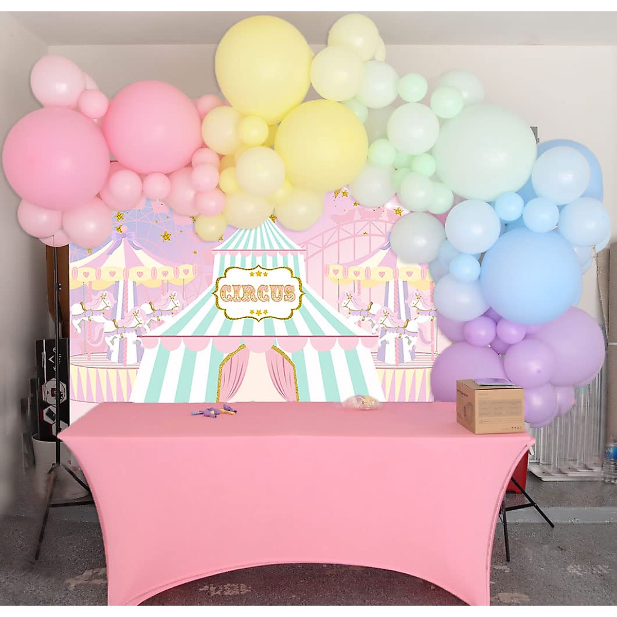 Ayayiya Pink Circus Backdrop for Girl Pastel Carnival Carousel Birthday Party Decorations Big Top Tent Ferris Wheel Photography Background Sweet Baby Shower Cake Table Banner Photo Booth Props 7x5ft