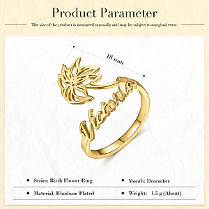 Personalized Name Ring for Women, Custom Adjustable Birth Flower Ring with Names Promise Birth Flower Ring for Her Gift for Women BFF (Gold)