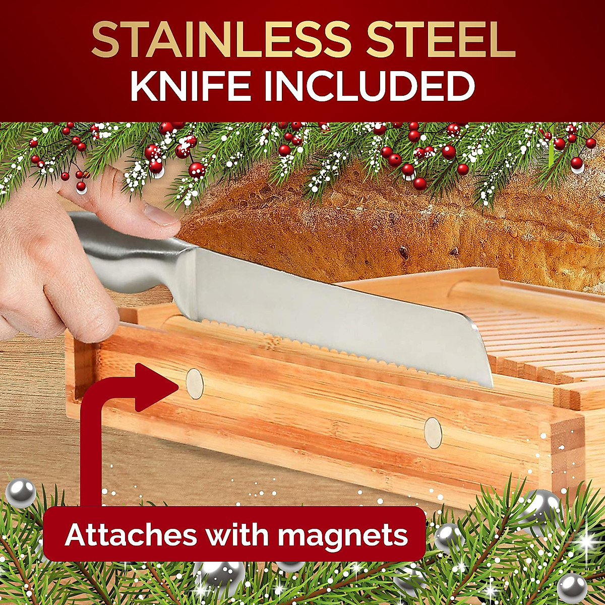 Bamboo Bread Slicer and Knife Set with Food-Grade Mineral Oil - Adjustable Homemade Bread Cutting Guide with Stainless Steel Knife - Essential Bread Making Tools and Supplies