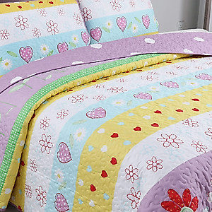 Cozy Line Home Fashions Floral Heart Print Reversible Girl Bedding Quilt Set, Bedspread, Coverlet (Flower Garden, Queen - 3 Piece)