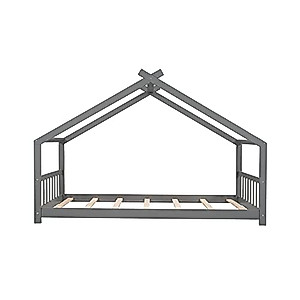 Merax Twin Wood House Bed Frame with Headboard Cute Montessori Platform Bed for Boys Girls,No Box Spring Needed (Twin,Grey)