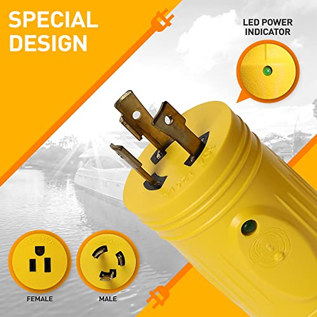 MARVINE 30 Amp to 15 Amp Plug Adapter - NEMA L5-30P Male to Female 5-15R - 3 Prong Power Converter with LED Indicator