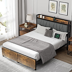 Catrimown Full Size Bed Frame with Charging Station and Storage Headboard, Platform Bed Frame Full Size with Storage Drawers, No Box Spring Needed/Strong Slat Support/Easy Assembly, Rustic Brown