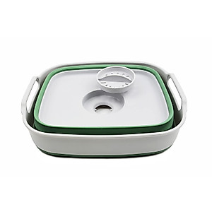 SAMMART 9L Collapsible Dishpan with Draining Plug - Foldable Washing Basin - Portable Dish Washing Tub - Space Saving Kitchen Storage Tray (Grey/Dark Sea Green, 1)