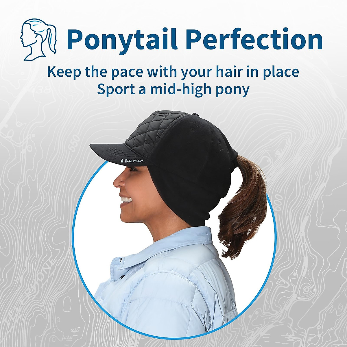 TrailHeads Women's Winter Ponytail Hat | Trucker Hat with Drop Down Ear Warmers | Quilted Hat - Black
