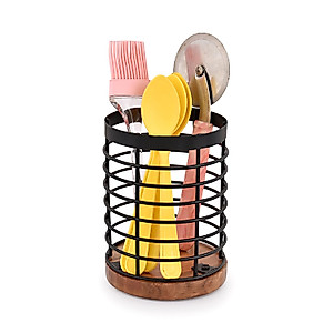 EDHAS Black Iron Kitchen Utensil Holder with Acacia Wooden Base Round Flatware Storage for Countertop (4.5" x 4.5" x 6")