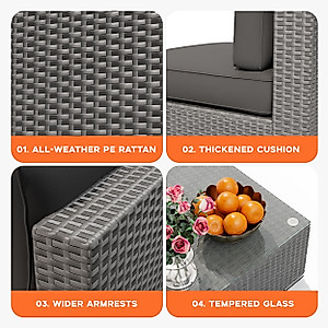 Betterland 7 Piece Outdoor Sectional Sofa Patio Furniture Set, All-Weather PE Grey Wicker Patio Conversation Set with Washable Cushion and Glass Table(Grey Cushions)