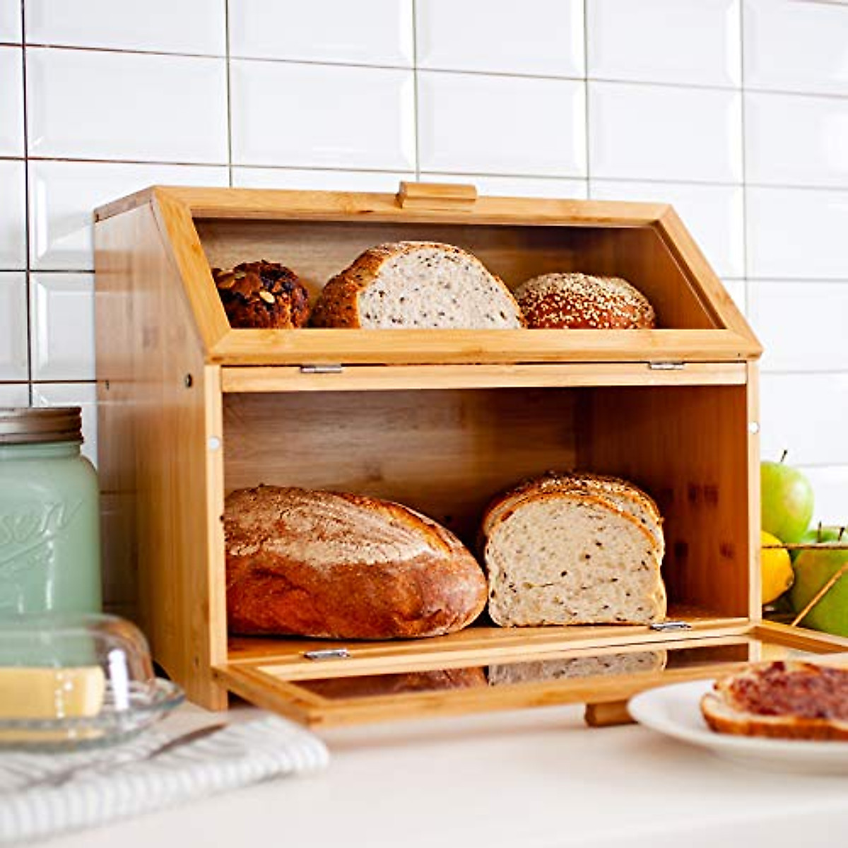 Laura's Green Kitchen Bamboo Bread Box for Kitchen Counter - Double Layer Bread Storage with Clear Windows - Rustic Farmhouse Style Bread Bin (Self-Assembly)