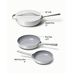 Caraway Fry Pan Trio - Non-Stick Frying Pans (10.5” & 8”) & Non-Stick Saute Pan - Non Toxic, PTFE & PFOA Free - Oven Safe & Compatible with All Stovetops (Gas, Electric & Induction) - Gray