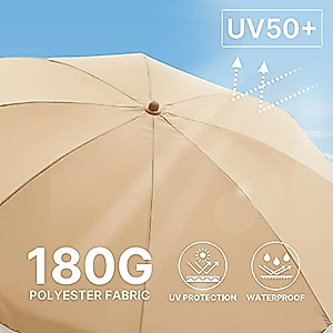 Kbrellaoutlets 7ft Patio Umbrella, UV 50+ Protection, Beach Umbrellas for Sand with Fringe, Wood Grain Aluminum Pole, 8 Ribs, Push Button Tilt, Garden Pool, Brown