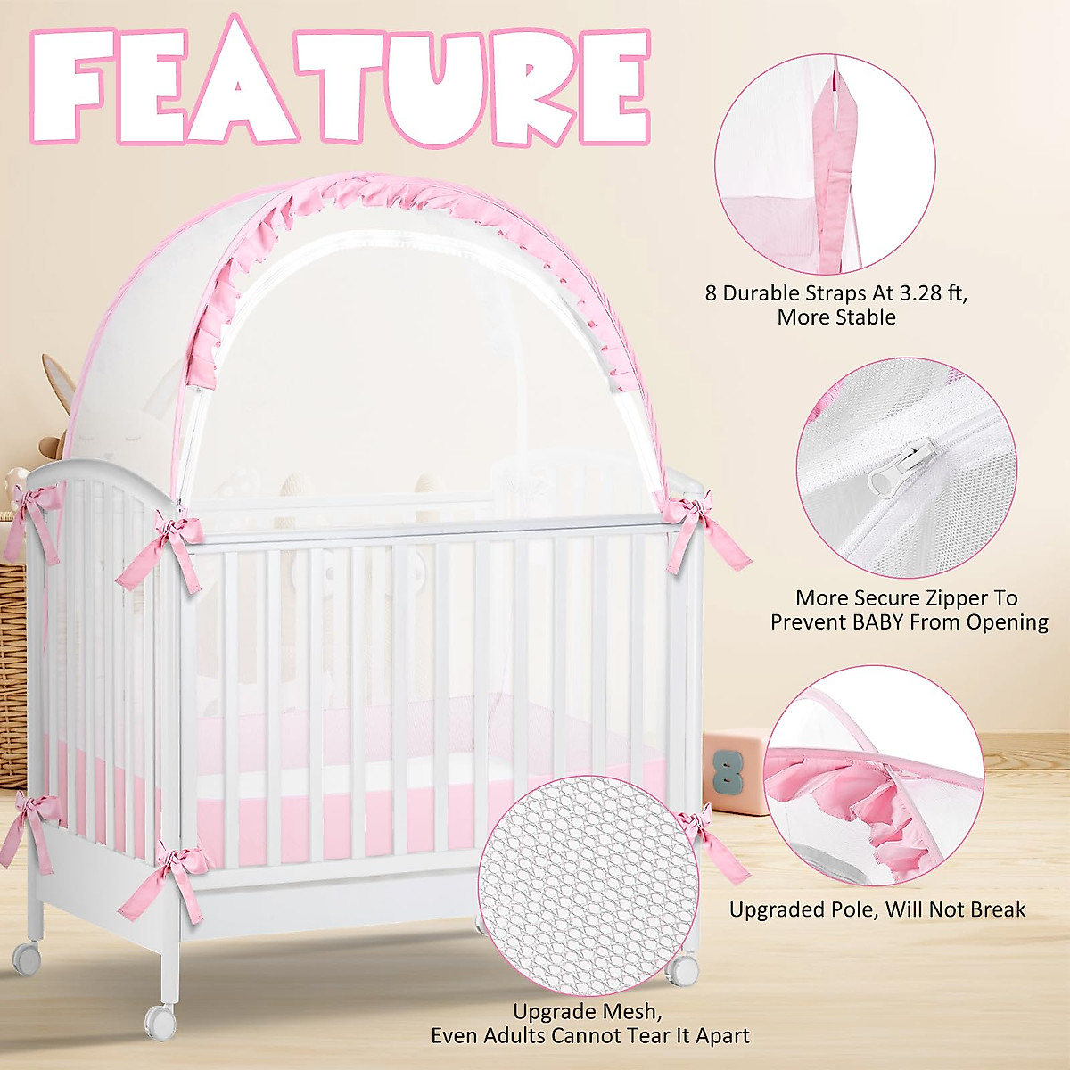 YAVIL Baby Crib Tent Net to Keep Baby from Climbing Out, Baby Safety Tent Toddler Canopy Netting Falls and Mosquito Bites with Breathable Mesh & Pack N Play Tent (Pink,Twin Size)