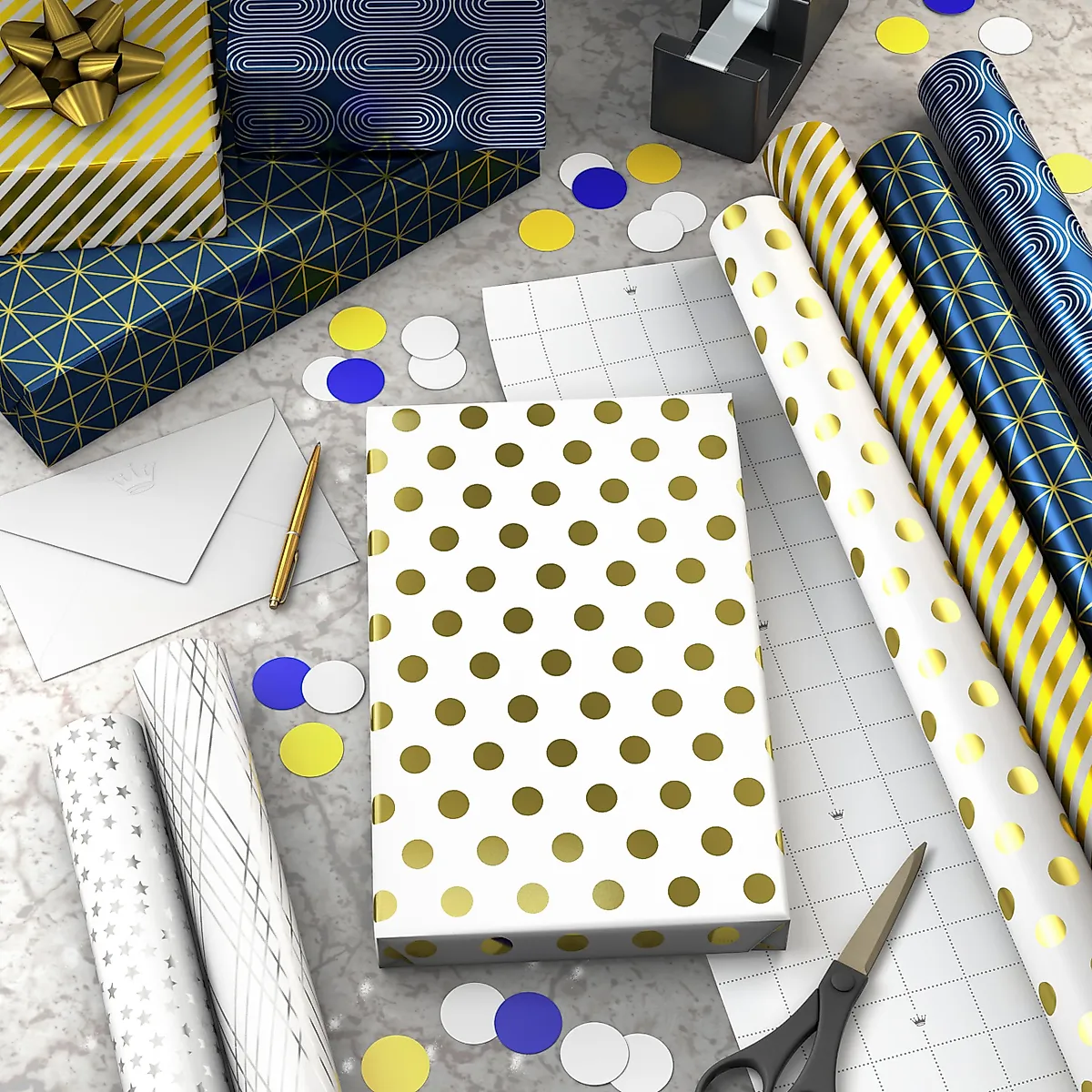 Hallmark Bulk Wrapping Paper Rolls for Birthday, Wedding, Graduation – Blue Metallic Gift Wrap Paper (Set of 6 Rolls: 180 Square Feet Total) Silver Stars, Gold Dots, Stripes, Navy