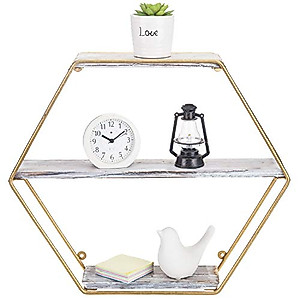 MyGift 3-Tier Wall Mounted Shelf with Hexagon Gold Metal Frame & Whitewashed Wood Shelves