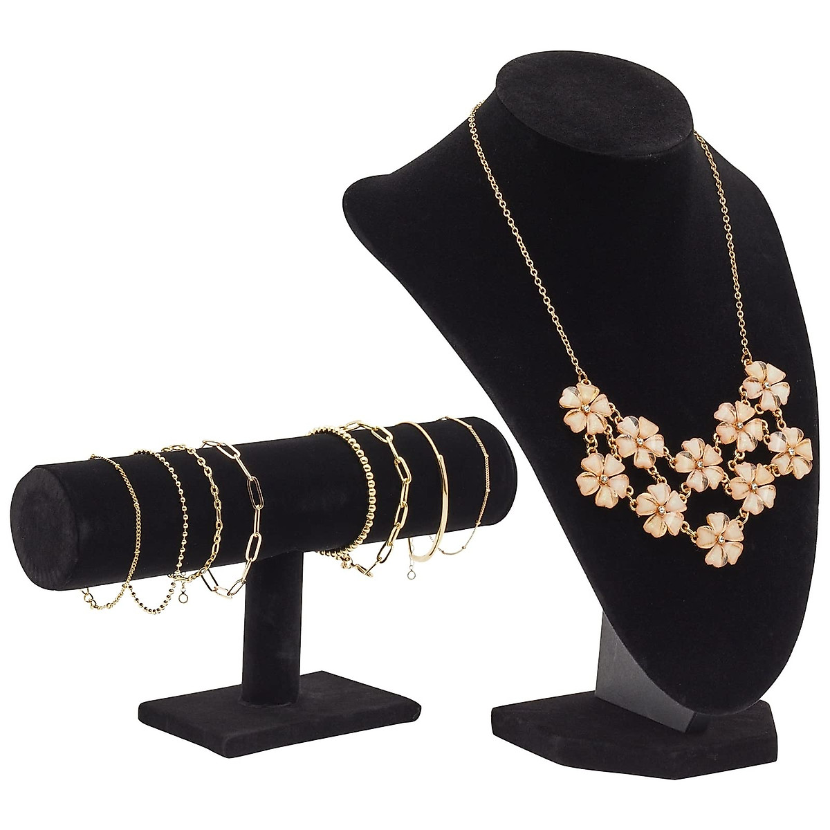 2-Piece Black Velvet Jewelry Display Set, T-Bar Stand and Mannequin Bust for Necklaces, Bracelets, Bangles, Chains, Anklets, Earring Holder for Retail Shops, Boutiques