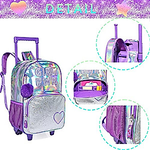 HTgroce 3PCS Purple Rolling Backpack for Girls, Girls Glitter Bookbag with Roller Wheels, Kindergarten Wheeled Backpack for Girls with Lunch Box