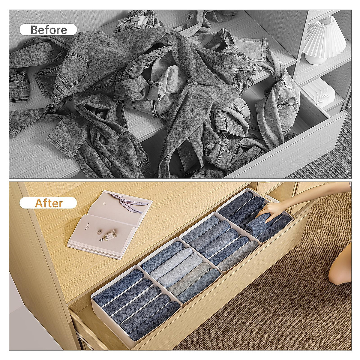 Coorganisers 4 Packs Jeans Drawer Organizers for Clothing,5 Grids Compartment Wardrobe clothes organizer,Fabric Washable Closet Organizers and Storage Bins for Jeans,Pants,Bra,Legging,t-shirt-White