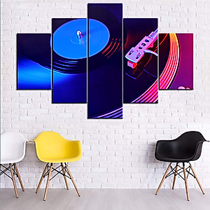 5 Panel Record In Blue And Buttons Of Studio Wall Art Painting Pictures Print On Canvas Sound Technology for DJ to Mix & Play Music The Picture For Home Modern Decoration Ready to Hang - 60"W x 40"H