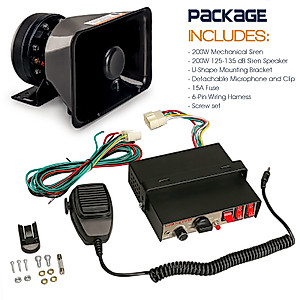 BooYu 12V 200W 9 Tones Police Warning Emergency Siren PA System [Rectangle Speaker][125-135dB][Handheld Microphone][Hands-Free][2 x 10A Switches] for Firefighter Ambulance Vehicles Truck SUV ATV UTV