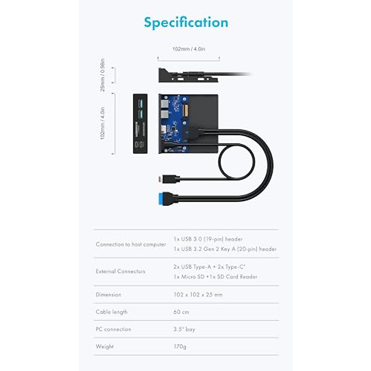 GRAUGEAR 3.5 Inch Front Panel USB C Hub, SD/microSD Internal Card Reader, 20Gbps USB 3.2 Gen 2x2, 20-pin Type-E Key-A Header & USB3.0 Header & 15-Pin SATA Power Connector Required [G-MP01CR]