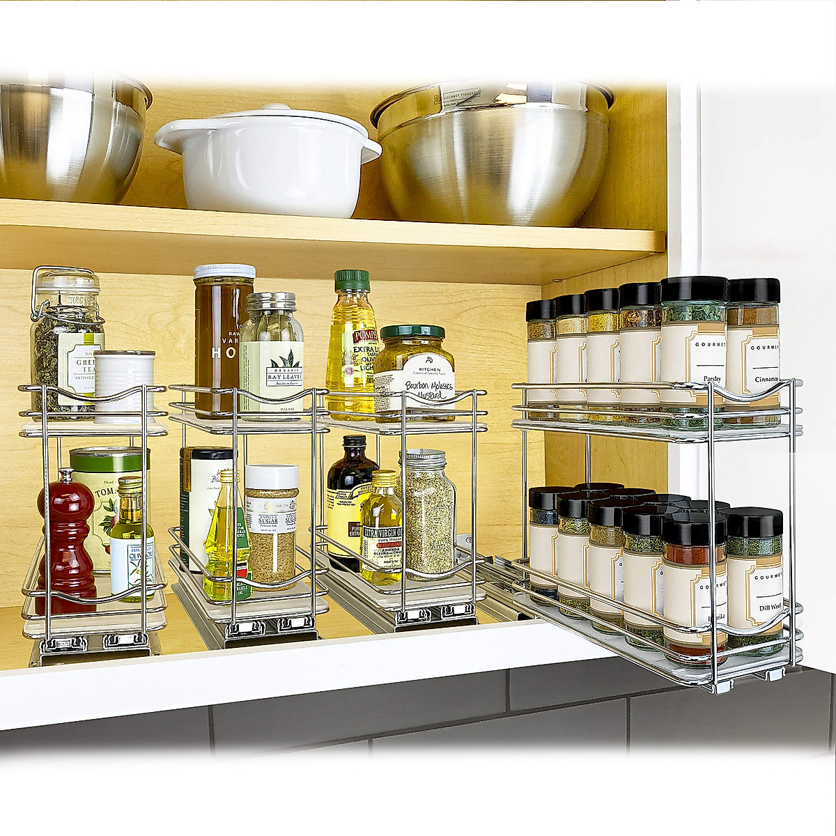 Lynk Professional® Pull Out Spice Rack Organizer for Cabinet - Slide Out Vertical Spice Rack - 4-1/4 inch Wide Sliding Spice Organizer Shelf - Double, Chrome