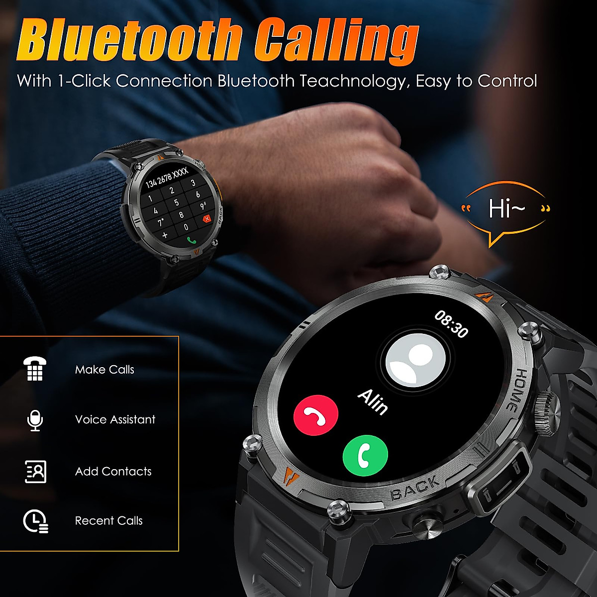 EIGIIS Military Smart Watch for Men Tactical Rugged with Bluetooth Call Flashlight 1.45'' Big Screen Fitness Tracker Heart Rate Sleep Monitor Waterproof Sports Smartwatch iPhone Android Black