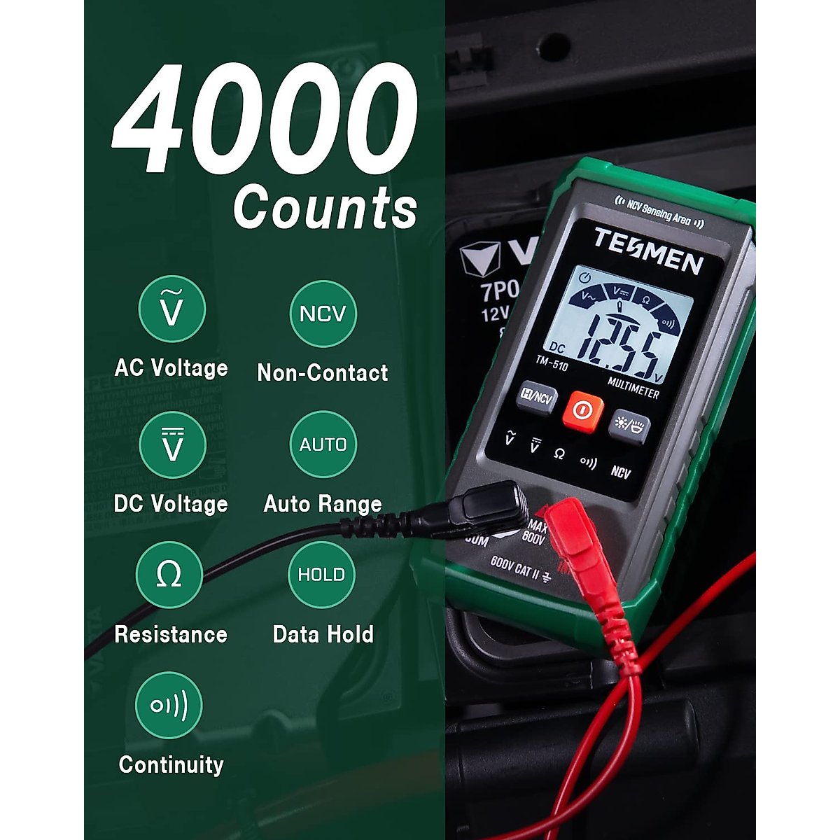TESMEN TM-510 Digital Multimeter, 4000 Counts, Smart Measurement, Auto-Ranging Voltmeter; Voltage Tester with Non-Contact Voltage Function, Measures AC/DC Voltage, Resistance, Continuity – Green