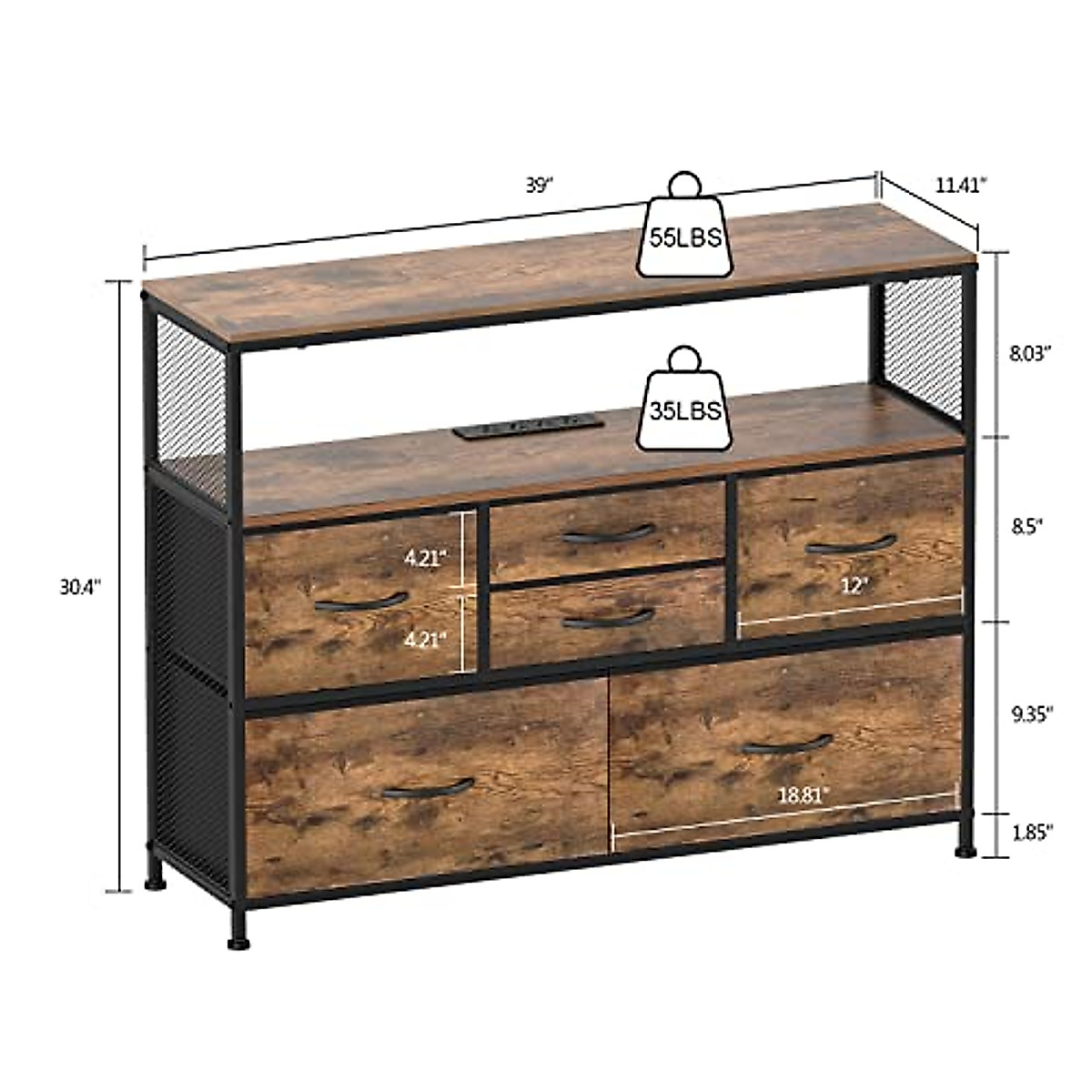 Simoretus TV Stand with Power Outlet and Fabric Drawers Entertainment Center for TV up to 45 inch Industrial Open Storage Shelf Media Console Dresser for Living Room Bedroom