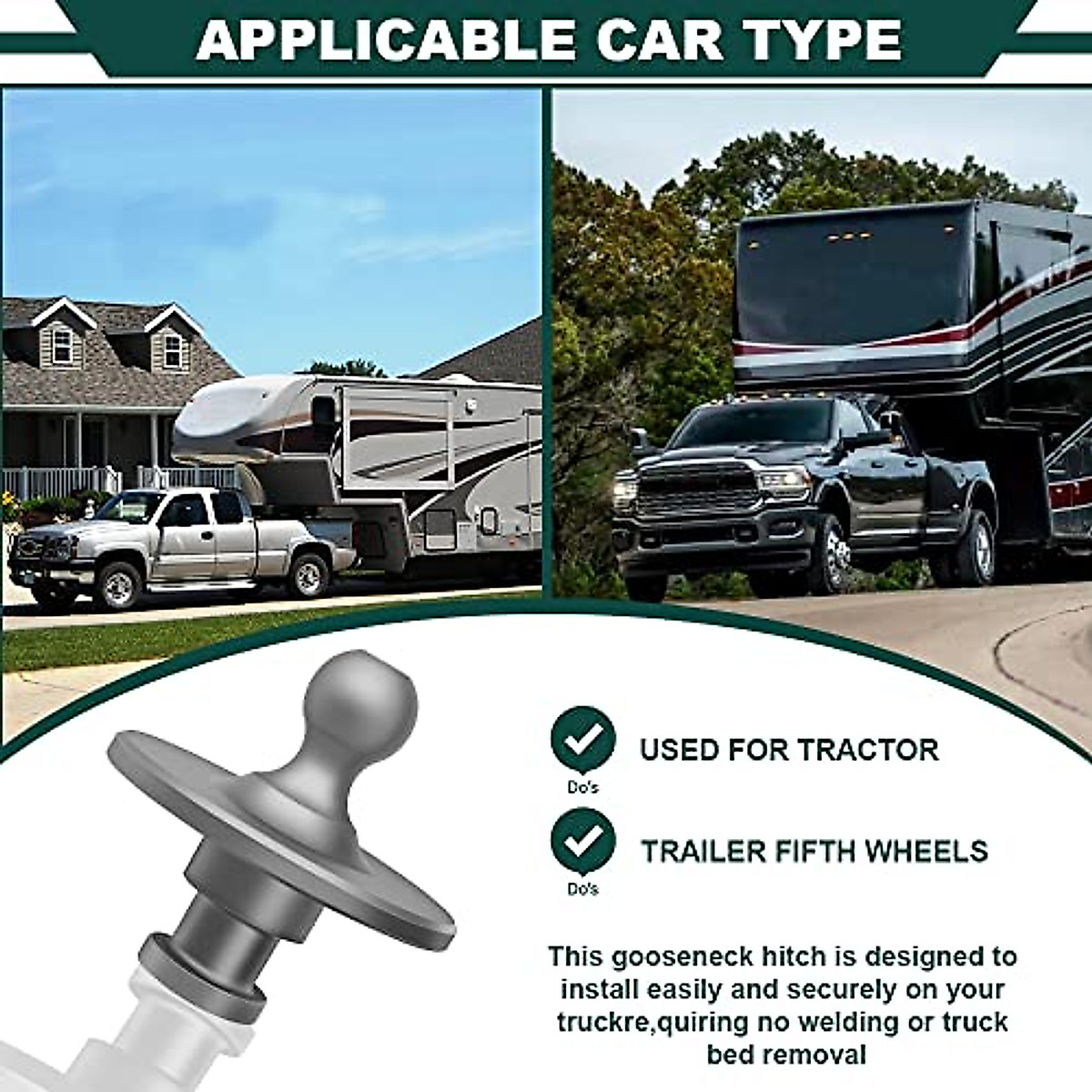 Gooseneck Ball Adapter - Fifth Wheel Kingpin to 2-5/16 Inch Gooseneck Ball Towing Receiver Adapter - Silver