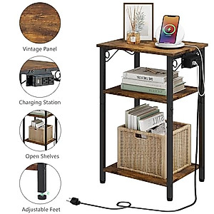 Hoctieon End Table with Charging Station, 3 Tier Nightstand with Storage Shelf, Side Table with USB Ports and Outlets, Bedside Table for Living Room, Bedroom, Steel Frame, Rustic Brown