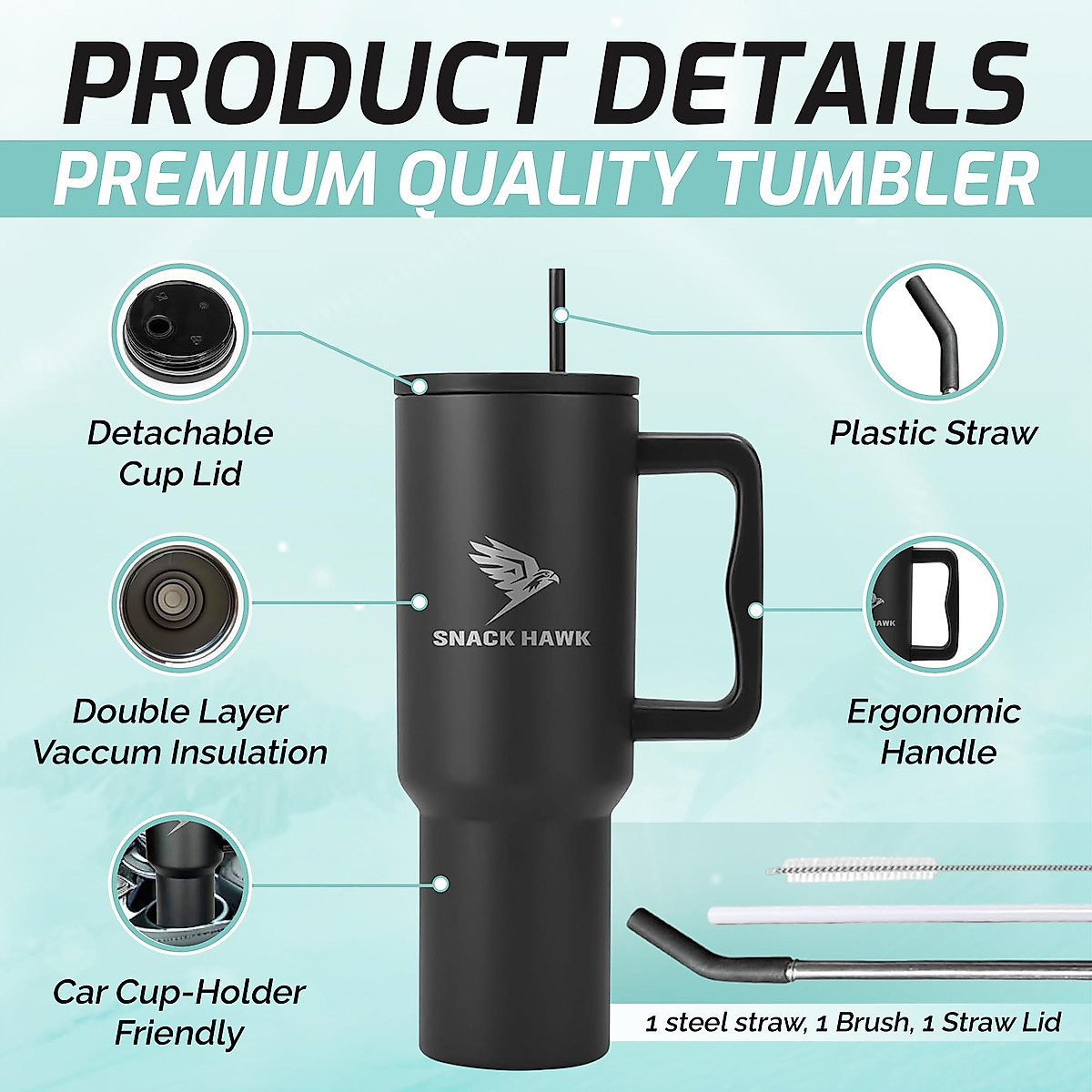 Snack hawk 40oz Insulated Stainless Steel Travel Coffee Tumbler with Handle and Straw | 100% Leak-Proof Mug | Car Cupholder Friendly | Perfect Water Cup Gift for Everyone