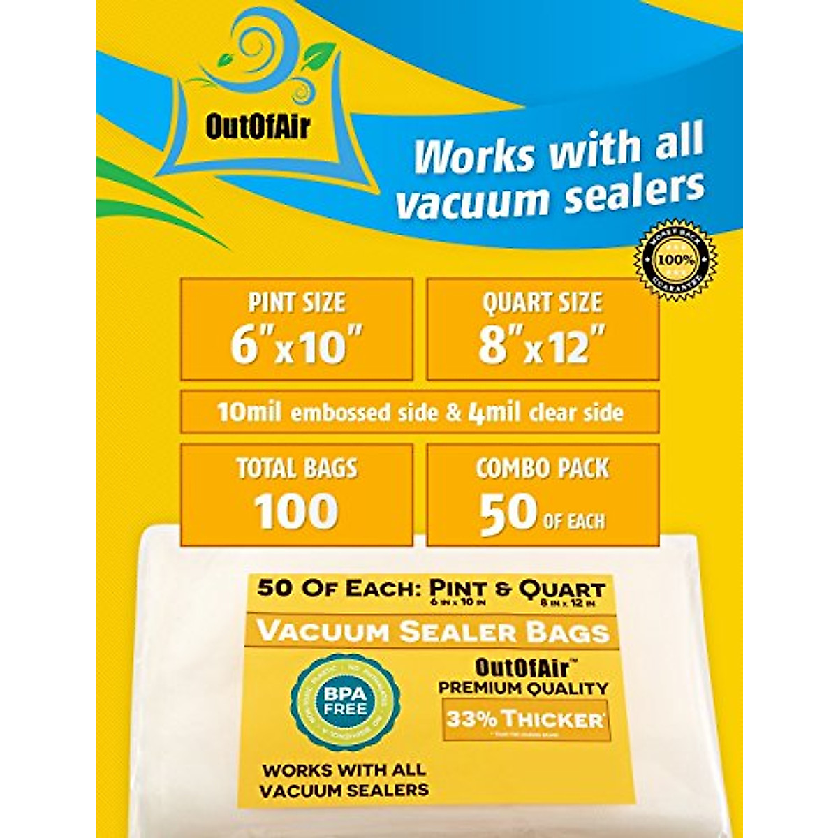 100 Vacuum Sealer Bags: 50 Pint (6" x 10") and 50 Quart (8" x 12") OutOfAir Vacuum Sealer Bags Works with FoodSaver & Other Savers. 33% Thicker, BPA Free, Great for Sous Vide