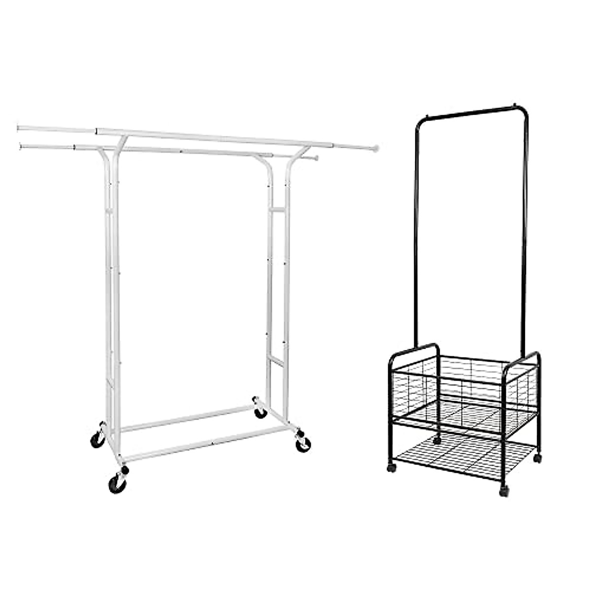 Fishat Heavy Duty Double Rod Garment Rack & Laundry Hamper Butler Cart Basket