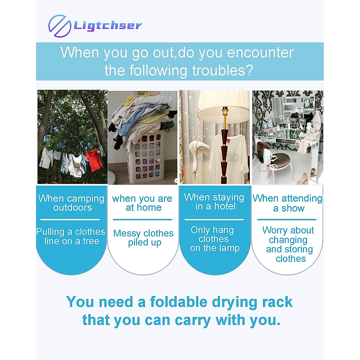 Ligtchser Portable Travel Garment Rack,Folding Clothes Rack for Dance,Travel,Camping, Drying,RV, Indoor,Outdoor.A Collapsible Clothing Rack.