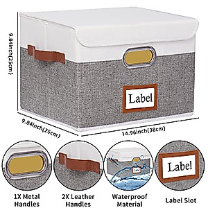 Yawinhe Storage Boxes with Lids, 4-Pack Storage Baskets for Shelf, 15 x 9.84 x 9.84 Inch, Fabric Storage Bins Organizer Containers with Dual Leather Handles for Home Bedroom Closet Office,White/Grey