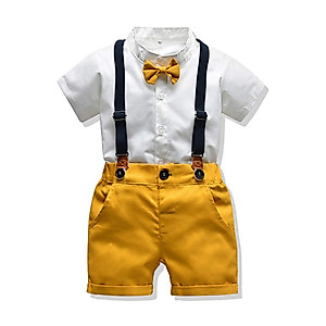 Moyikiss Studio Toddler Boys Clothes Short Sleeve Bowtie Shirt+Straps Shorts Outfits Suits Gentleman Tuxedos (Yellow, 80/12-18M)