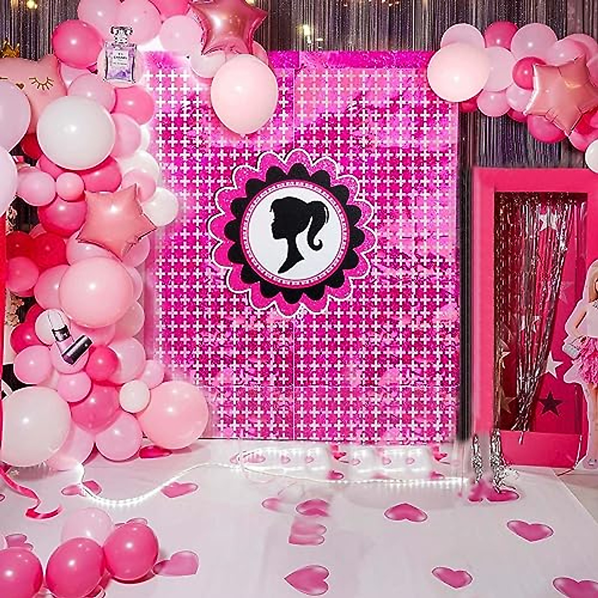 4 Packs Pink Disco Foil Curtain, Glitter Hot Pink Metallic Backdrop for Barbie Party, Birthday, Wedding, Baby Shower, Bachelorette Party Decorations Supplies