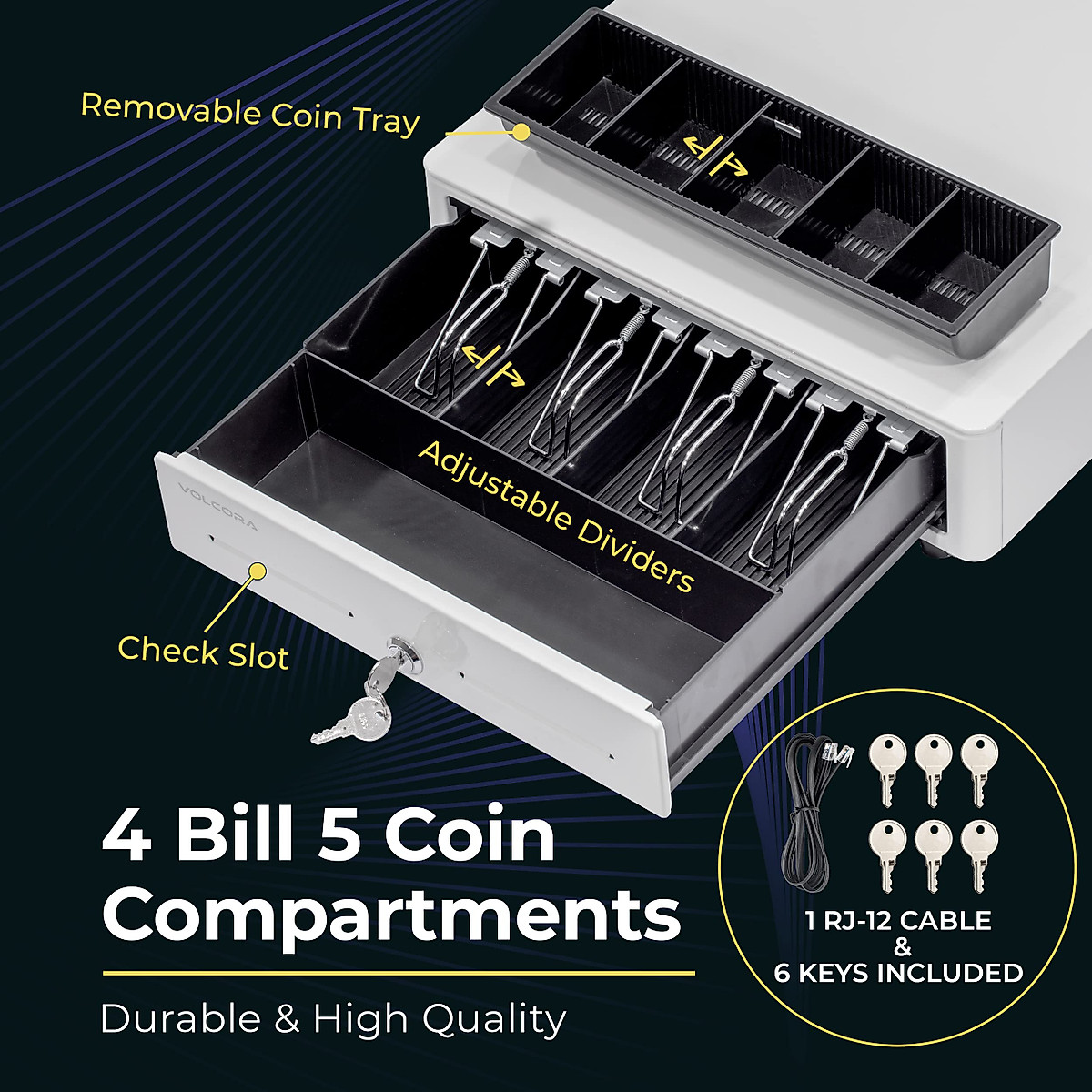 Volcora Cash Register Drawer for (POS) Point of Sale System with Round Corner 13", Removable Coin Tray, 4 Bill/5 Coin, 24V, RJ11/RJ12 Key-Lock, Media Slot,Cash Till for Businesses, White