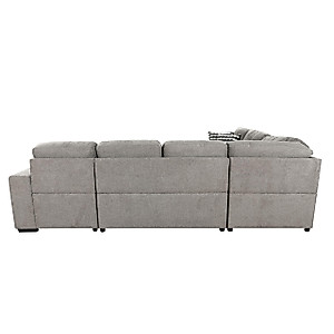 RENDGO 125'' U Shaped Oversized Sectional Sofa Couch with Cabinet,7 Seat Sectional Sleeper Sofa Bed with Storage Chaise, Pull Out Bed for Living Room,Grey