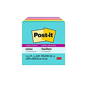 Post-it Super Sticky Notes, 3x3 in, 5 Pads, 2x the Sticking Power, Supernova Neons, Recyclable (654-5SSMIA)
