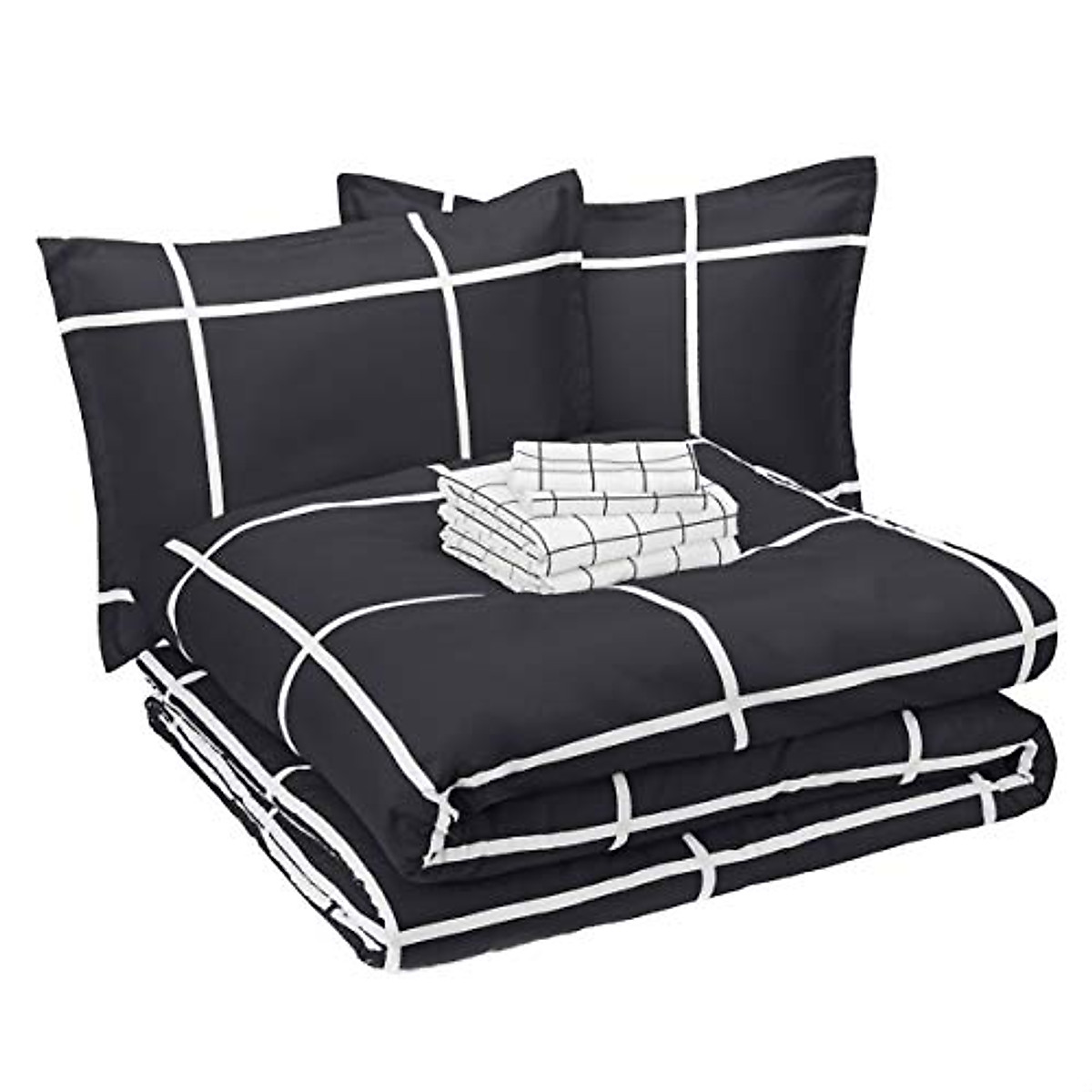 Amazon Basics Reversible Microfiber Bed-in-a-Bag with Elastic Storage Pockets -3 pcs, Full/Queen, Black Grid