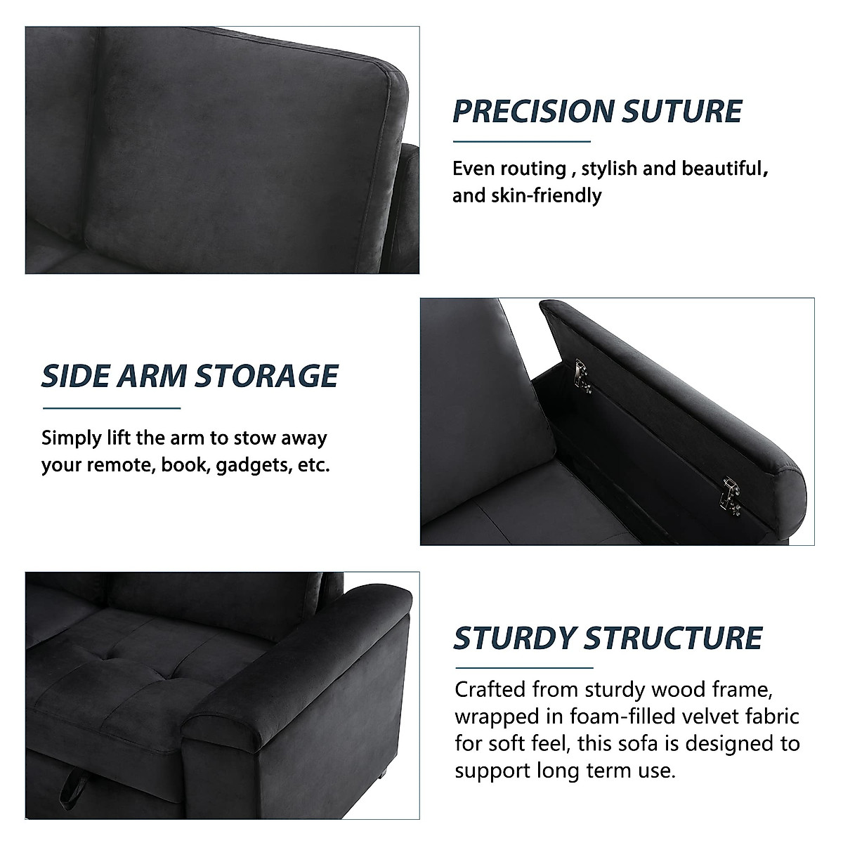 XD Designs Modern Reversible Sleeper Sectional Sofa, L-Shape Corner Couch, Pull Out Sofa-Bed Couch with Storage Ottoman and Hidden Arm Storage, Large Chaise Lounger for Living Room (Black-Large)