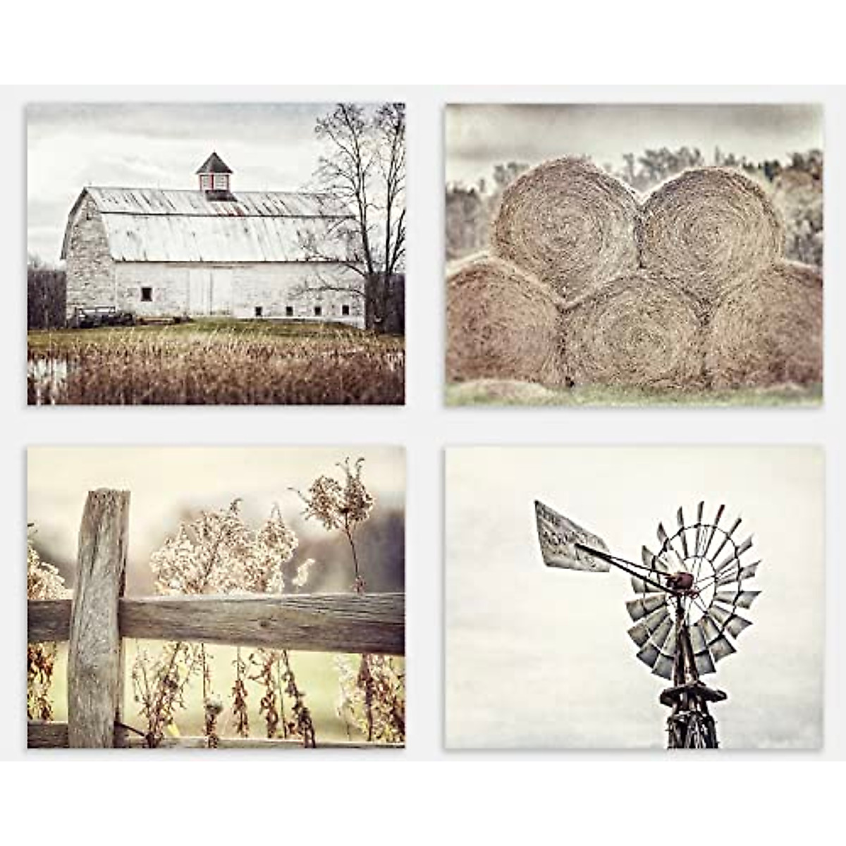 Lisa Russo Fine Art - Farmhouse Wall Decor Set of 4 Country Rustic Landscape Photographs - Barn, Fence, Hay, Windmill - Set of 4 - Not Framed - Beige, Tan, White (4 8x10 Prints)