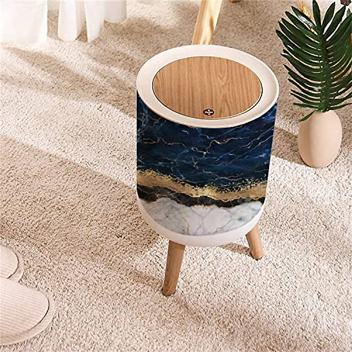 Small Trash Can with Lid Abstract White Blue Marble with Golden Veins Fake Stone Texture Liquid Round Recycle Bin Press Top Dog Proof Wastebasket for Kitchen Bathroom Bedroom Office 7L/1.8 Gallon