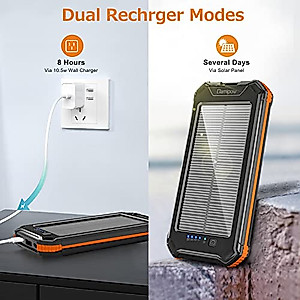 Damipow Portable Charger Solar Charger Power Bank 20000mAh with Built-in USB C & Micro B Cables, iOS Adapter, Flashlight, Waterproof External Battery Pack for for iPhone & Android