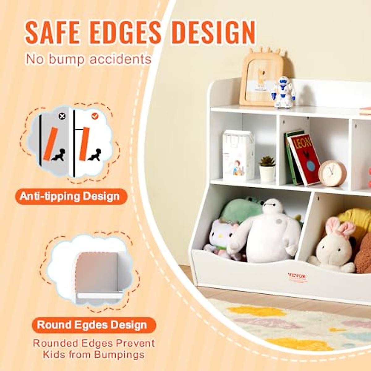 VEVOR Wood Kid Toy Storage Organizer with Bookshelf, 35" W Storage Cubby, Larger 5-Cubby Wood Toy Storage Cabinet, Children Book Toy Shelf for Kids Room, Playroom, Kindergarten, Nursery, White