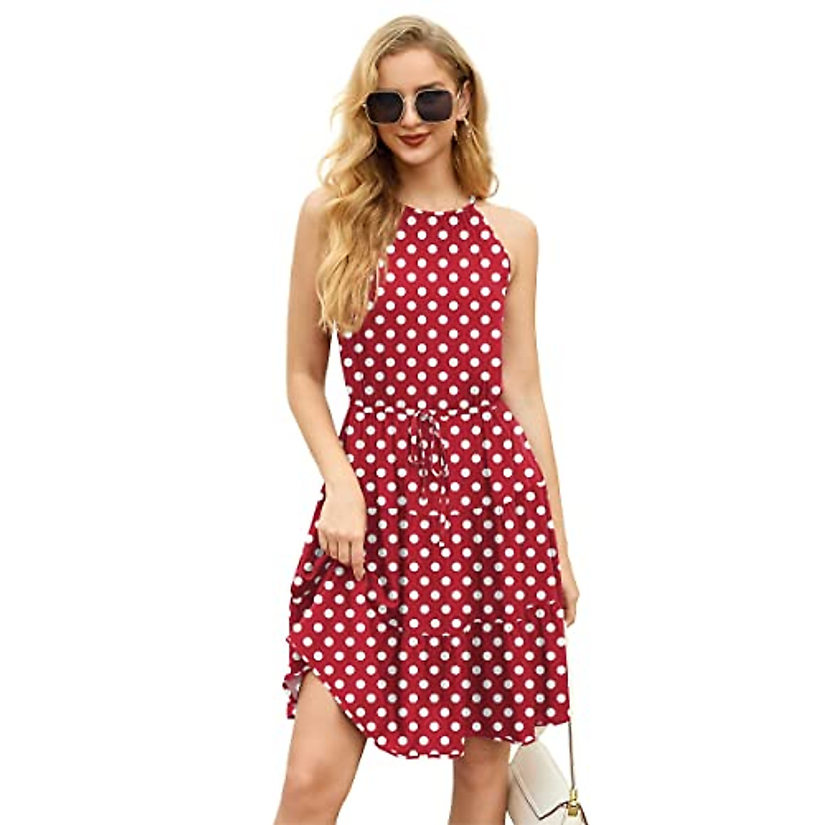 GRECERELLE Women 2023 Summer Halter Neck Dresses Sleeveless Casual Polka Dot Print Short Boho Ruffle Sundress(Medium, PD Wine Red)