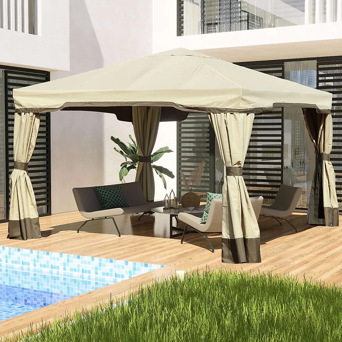 BPS 12x12 FT Outdoor Aluminum Gazebo with Privacy Curtains and Netting, Brown Canopy Shelter for Patio, Garden, Yard, Lawn